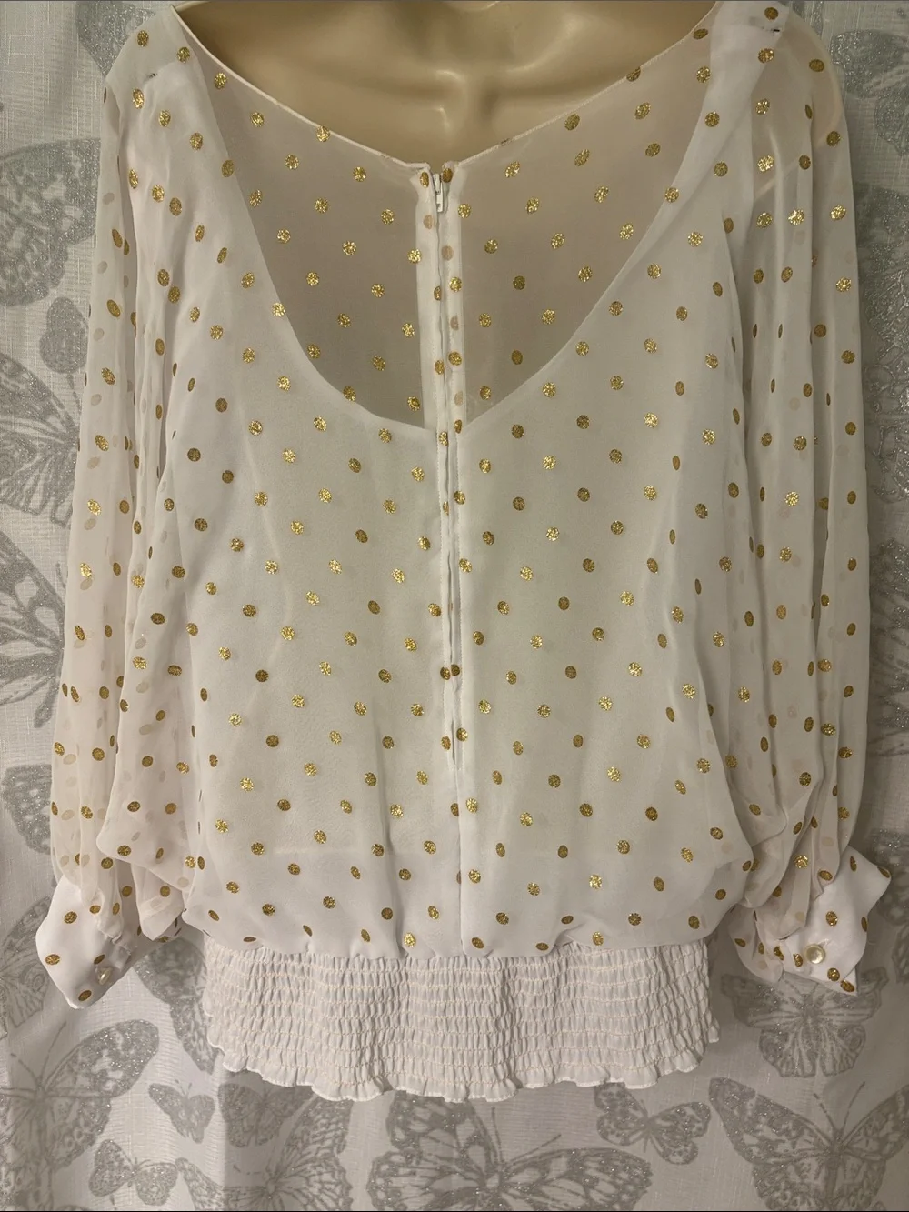 Tops | White Sheer Puff Sleeve Top With Gold Polka Dots | Poshmark